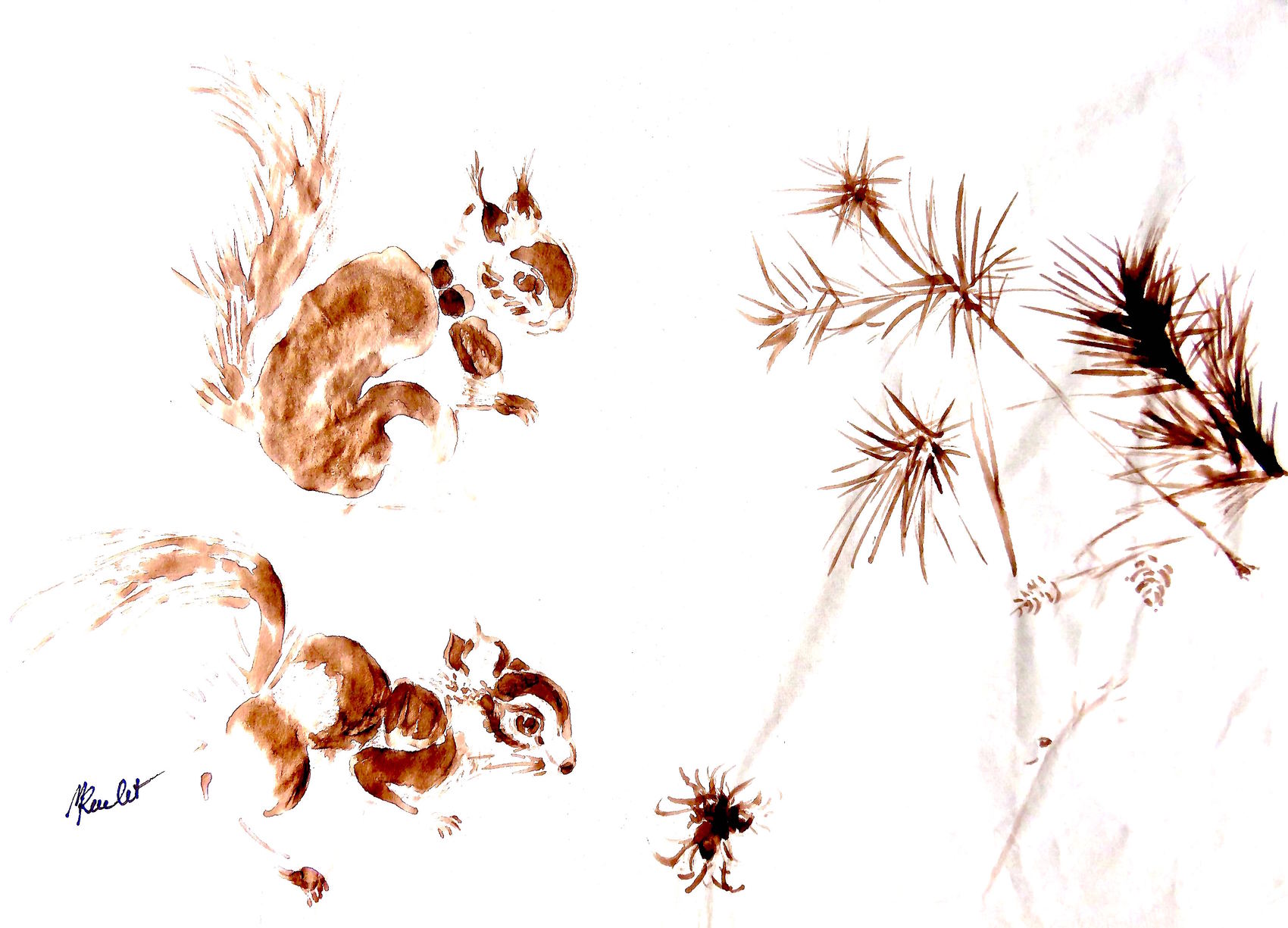 Peinture Les écureuils et la noisette / Painting : Two red squirells ...