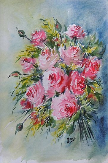 Peinture Bouquet roses et fleurs jaune--