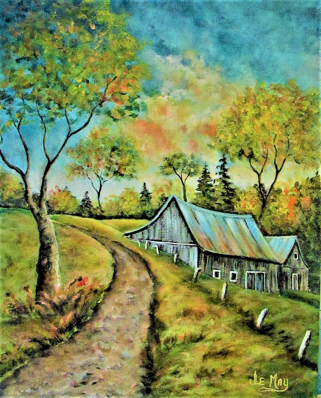 Peinture La vieille grange du bout du rang en automne