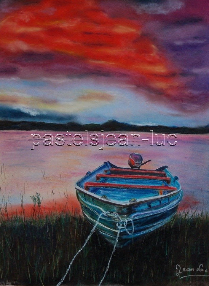 Peinture Finlande, barque au crépuscule