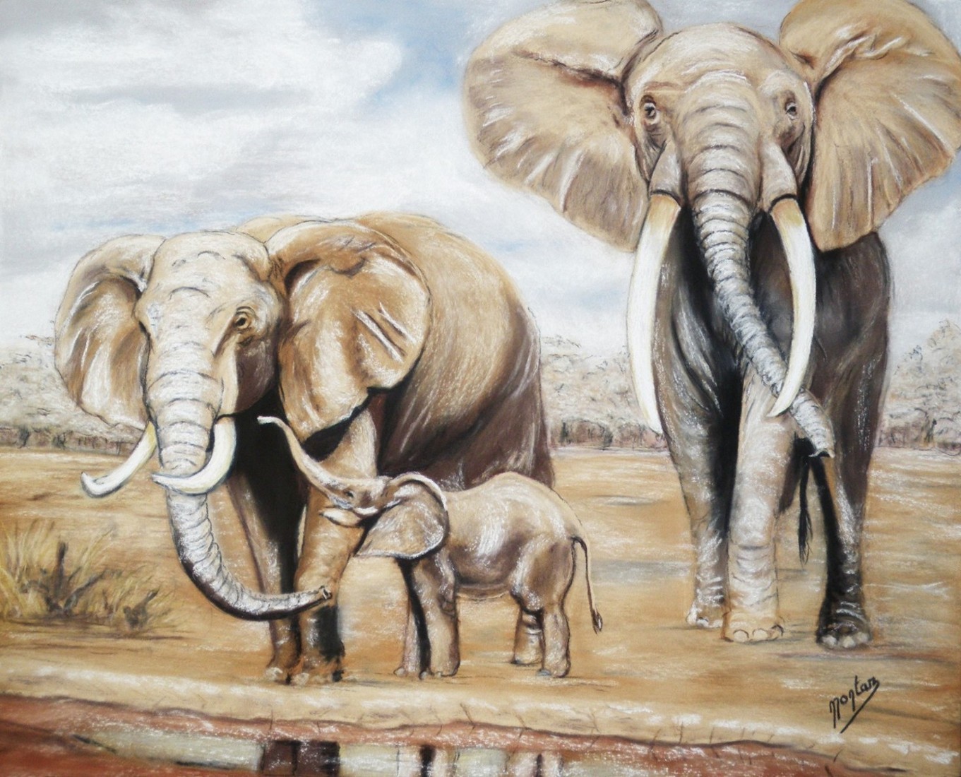 Peinture Pachydermes en famille
