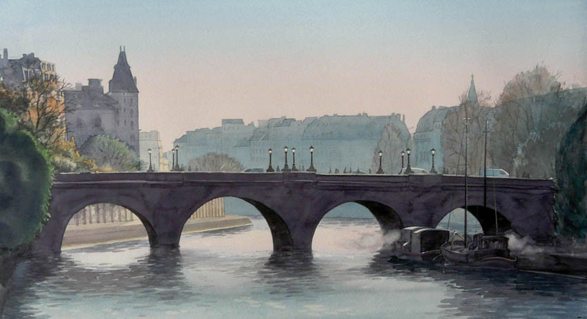 Peinture Aquarelle Le pont Neuf au petit matin