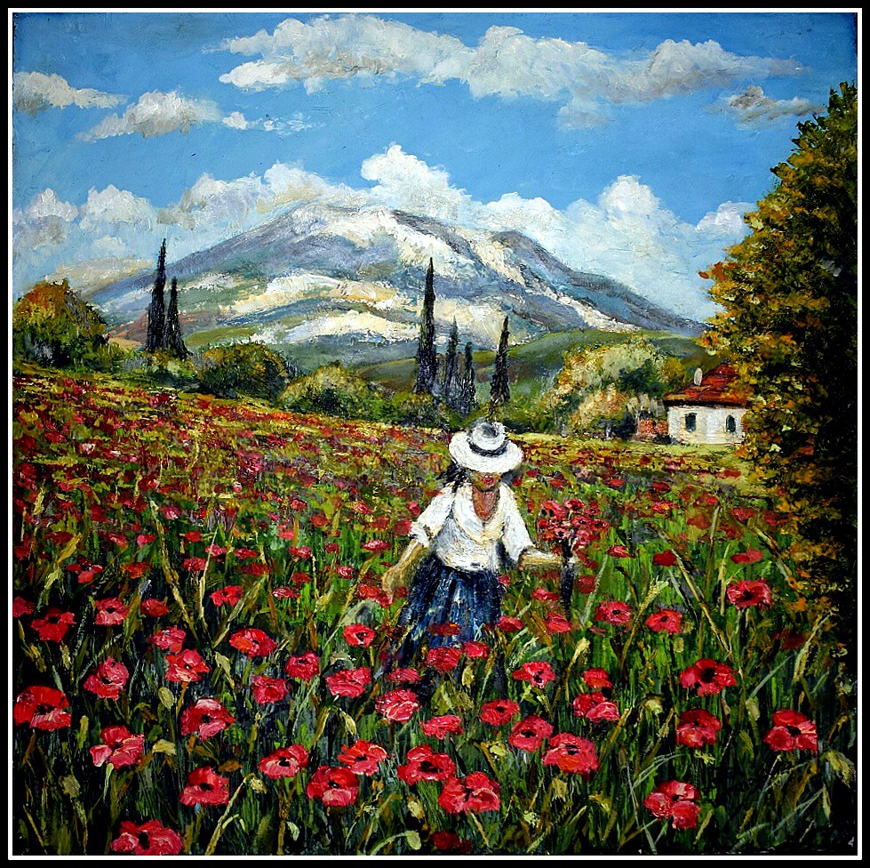Peinture Femme aux coquelicots au mont D'Aix-en-Provence (peinture impressionniste)