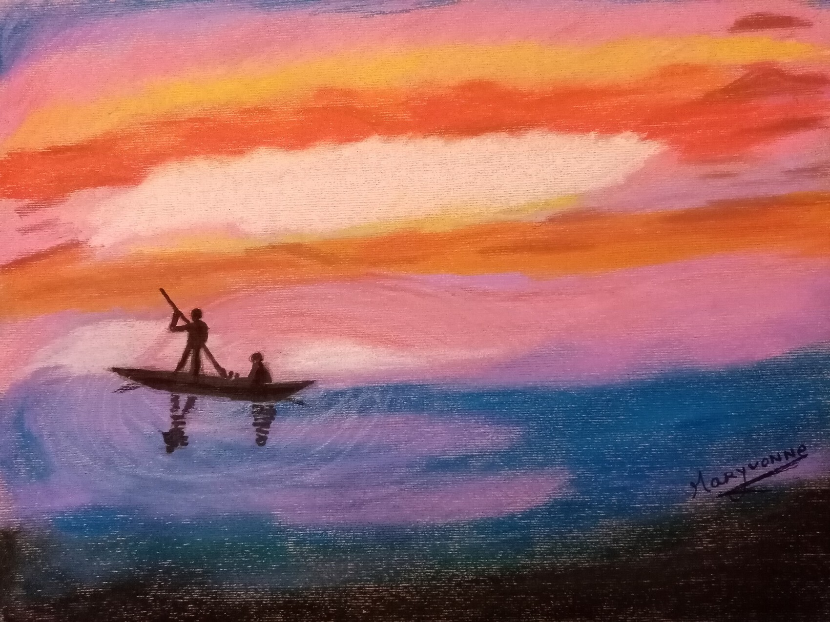 Peinture Piroge et couché de soleil