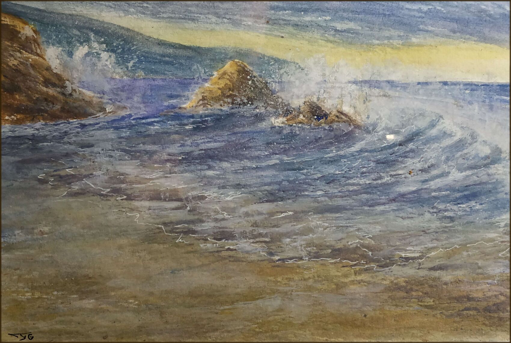 Peinture Les vagues sur les rochers 21X29.7