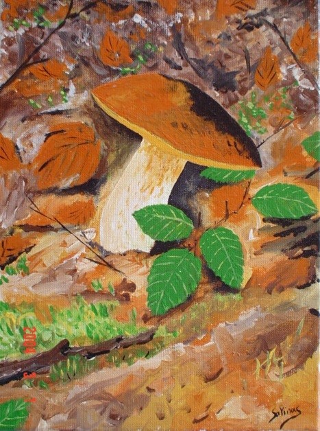 Peinture Cèpe sur lit de feuilles..
