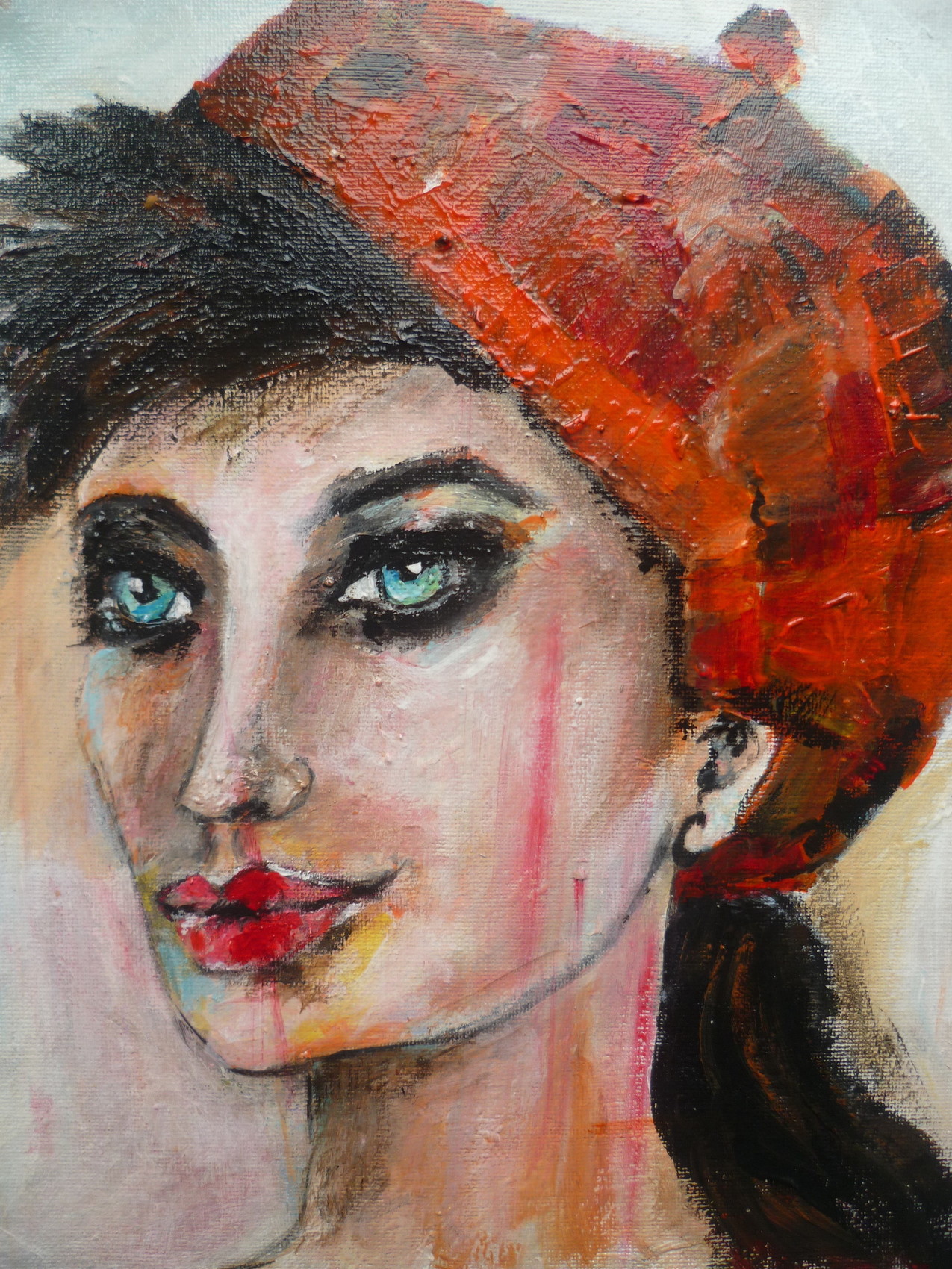 Peinture Yeux verts bouche rouge et béret orange