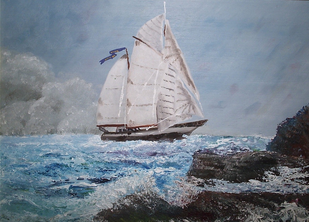 Peinture Ketch devant les rochers